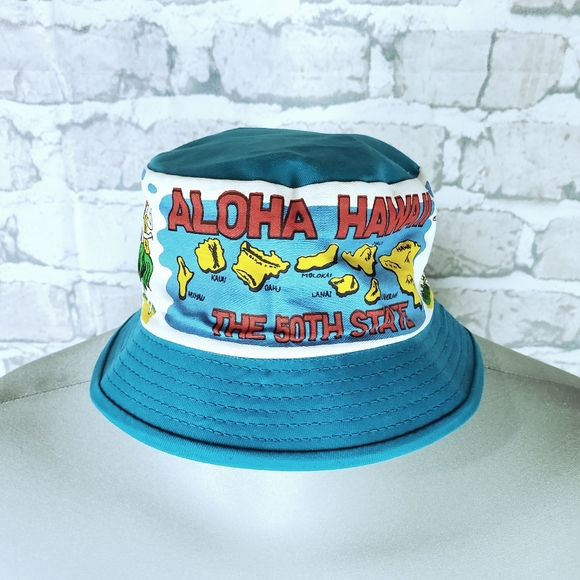 Vintage | Accessories | Vintage Turquoise Bucket Hat Aloha Hawaii Hula ...